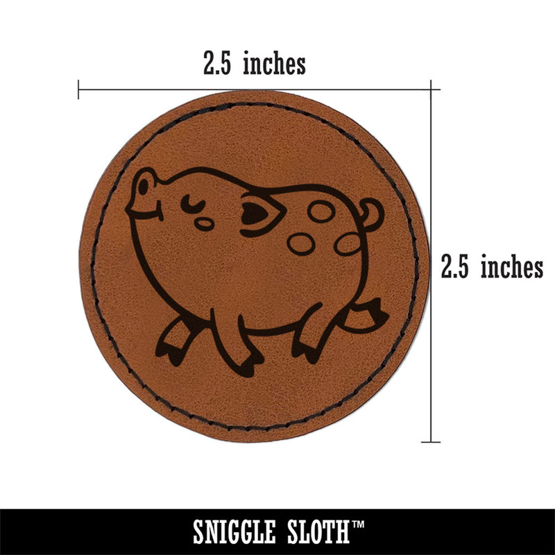 Strutting Cartoon Pig Piglet Pork Round Iron-On Engraved Faux Leather ...